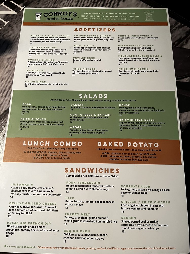 Conroy’s Public House Menu, Hours, Prices & Location | Irish Pub & Bar ...